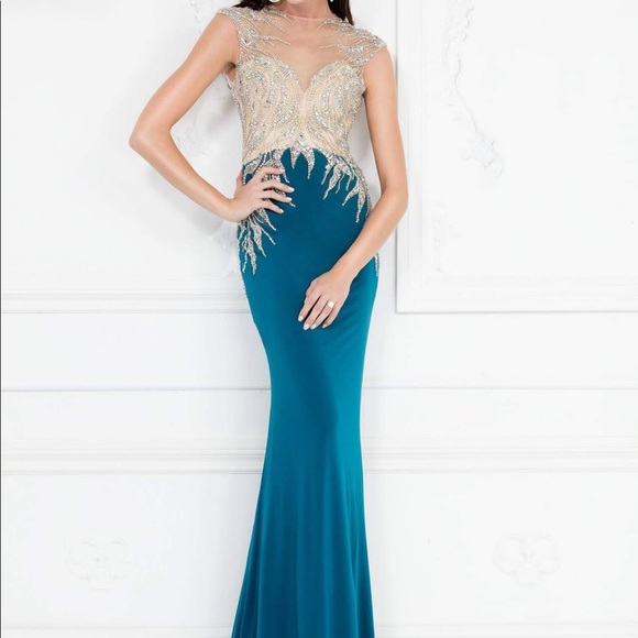 Lucci Lu | Dresses | Lucci Lu Teal Gown With Nude Bodice And Gems | Poshmark